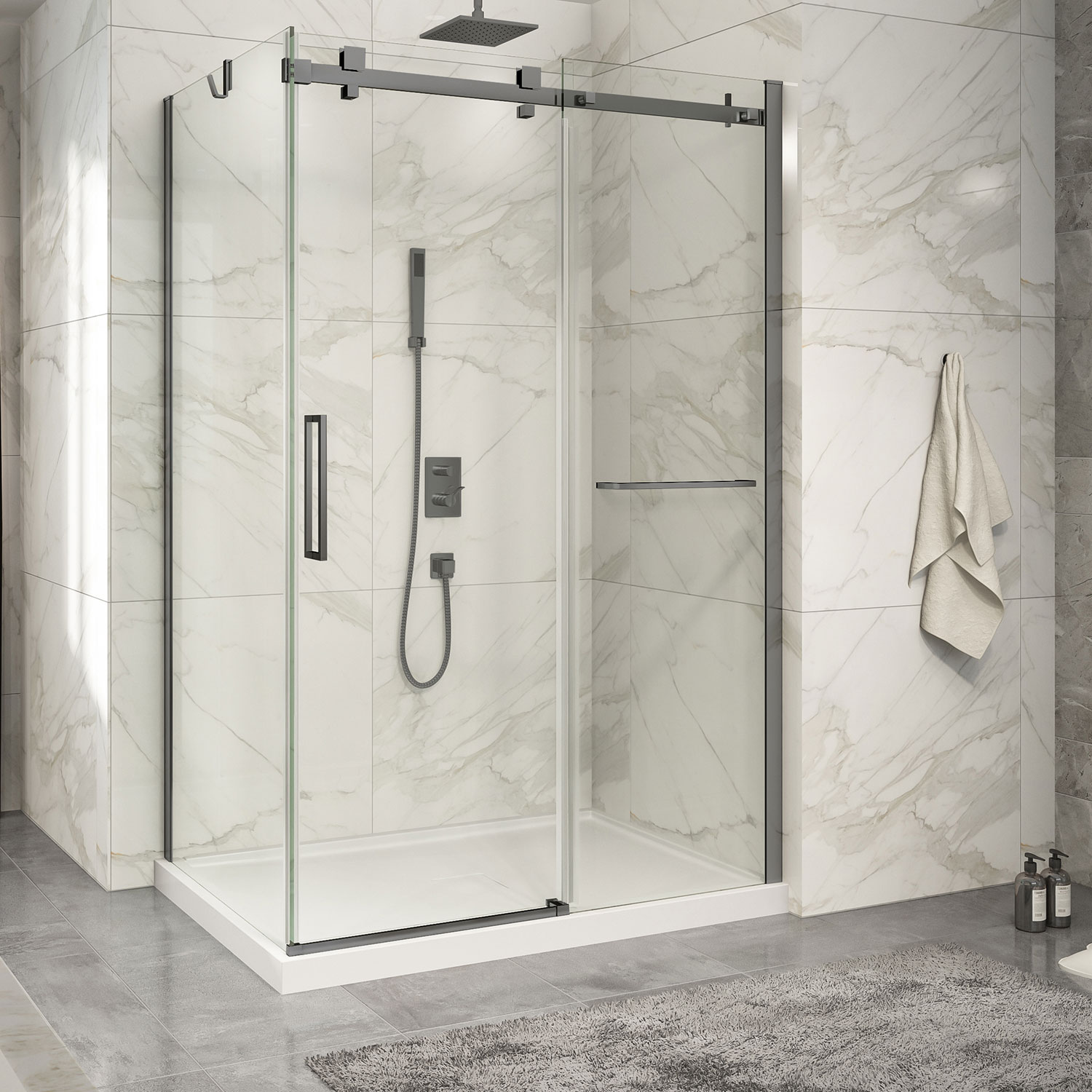 Shower door 54" x 32", in a corner closing on return, wall on the right ...