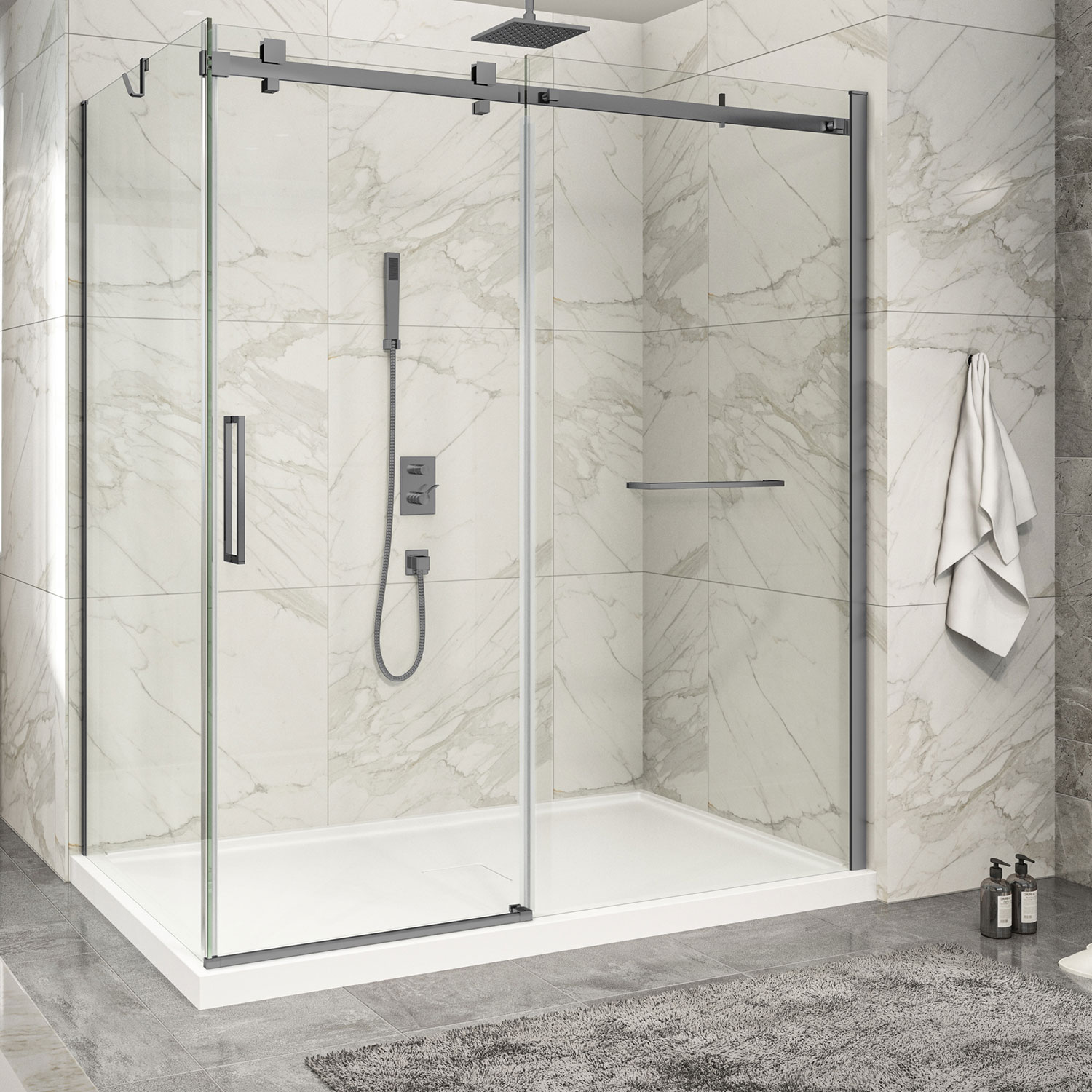 Shower door 72" x 42", in a corner closing on return, wall on the right ...