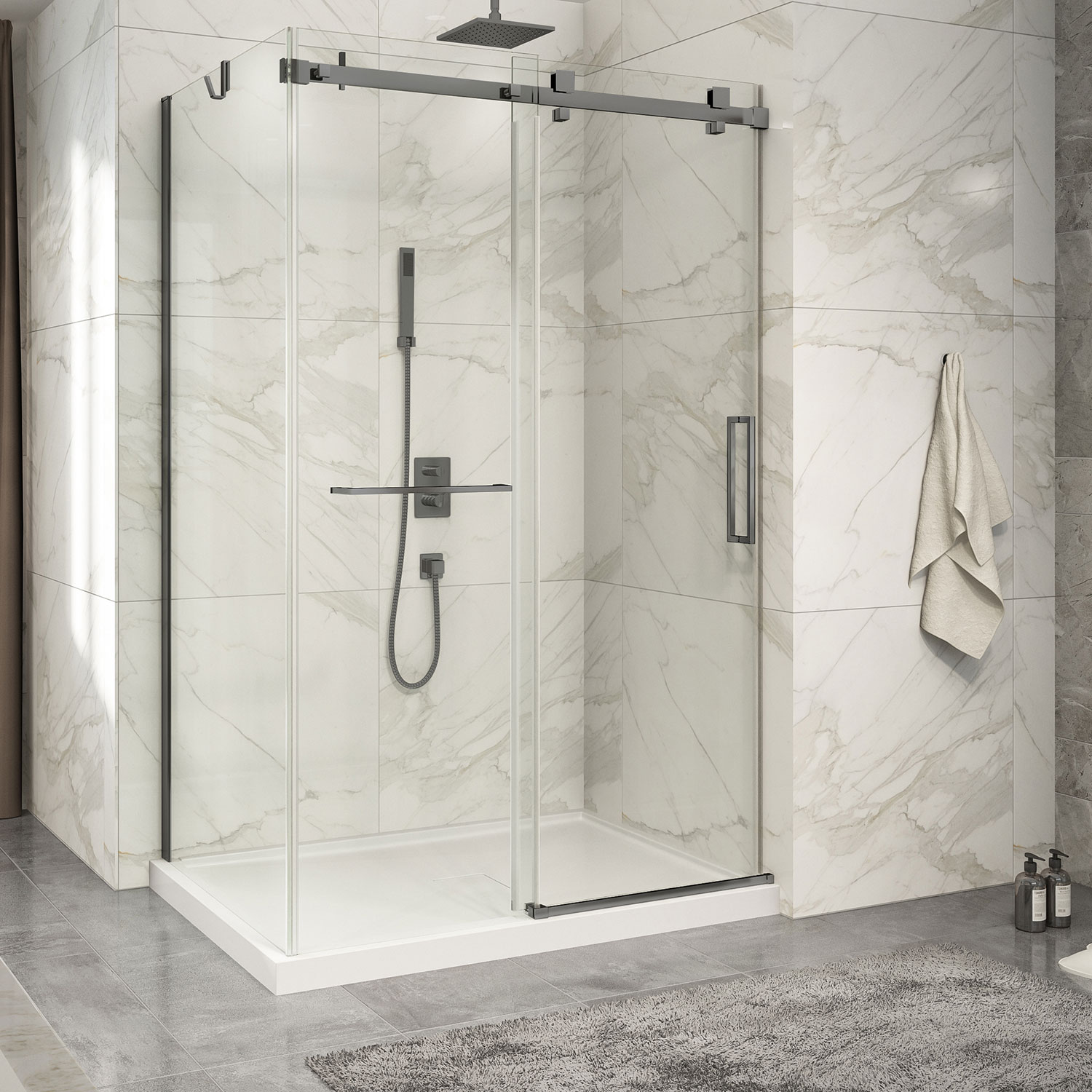 Shower door 54" x 32", in a corner closing on wall, wall on the right ...